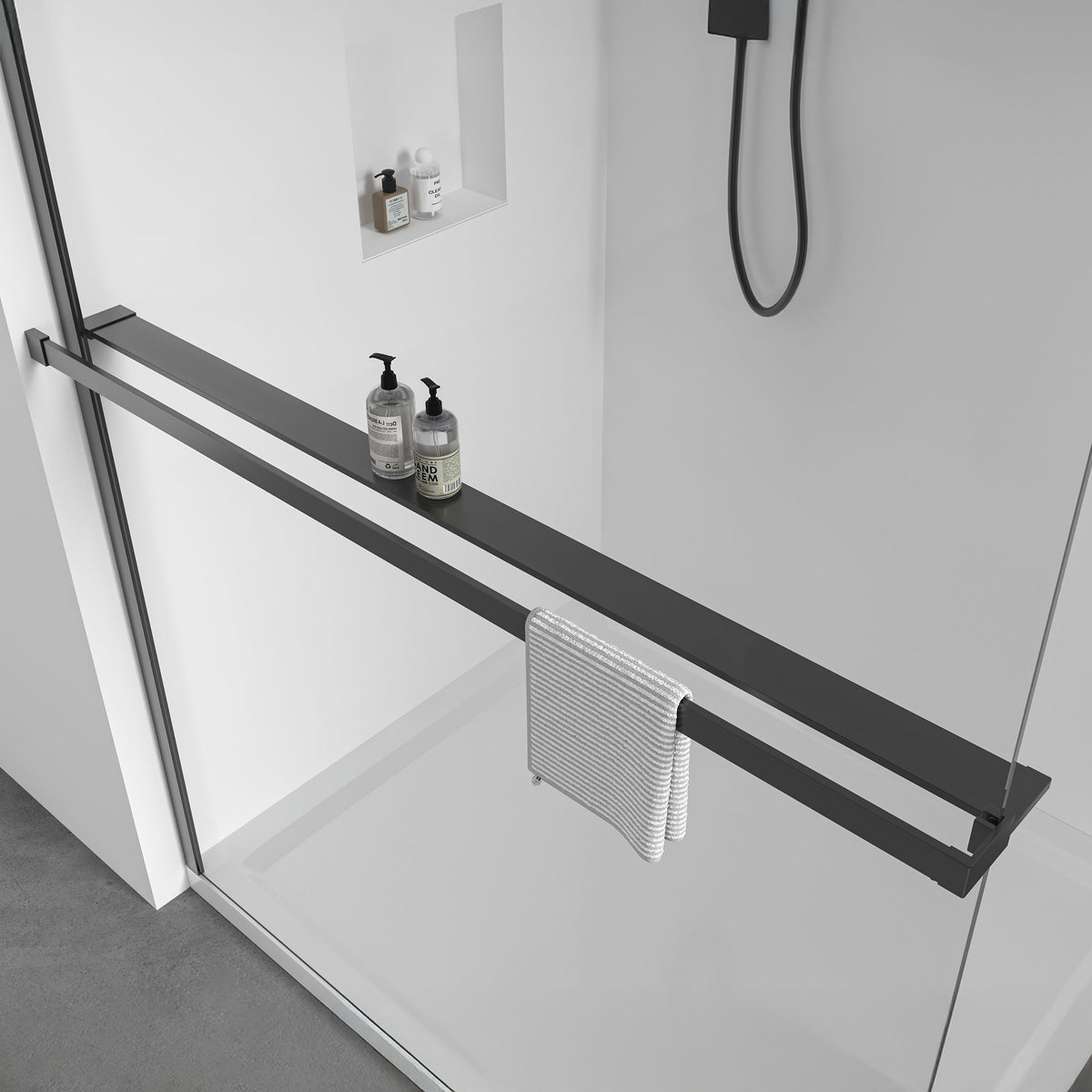 Handtuchhalter & Duschablage für Walk-In Dusche – Schwarz Matt